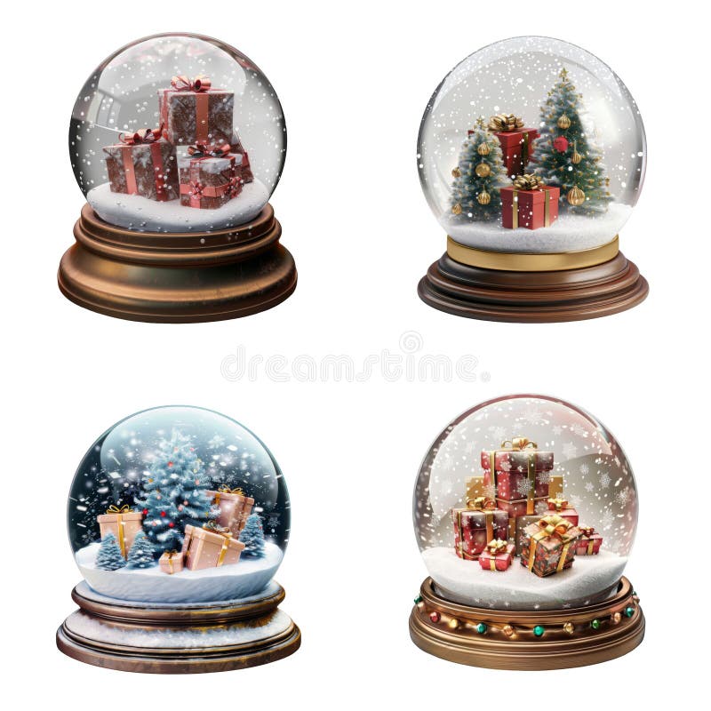 Four Christmas Snow Globes with Gifts and Trees Stock Photo ...