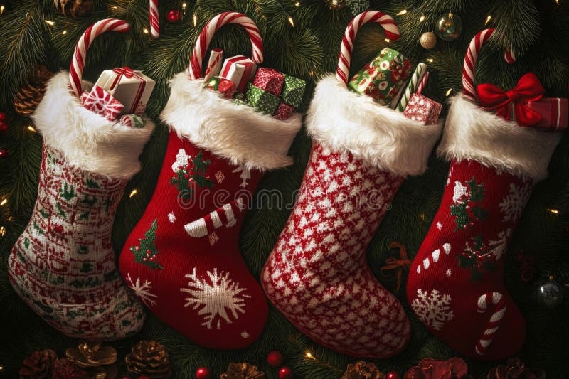 Four Christmas Stockings Hanging on a Christmas Tree Stock Illustration ...