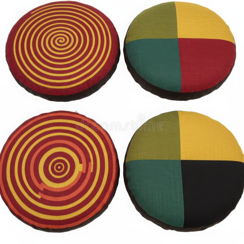 Four Circular Cushions with Spiral and Quadrant Color Block Patterns ...