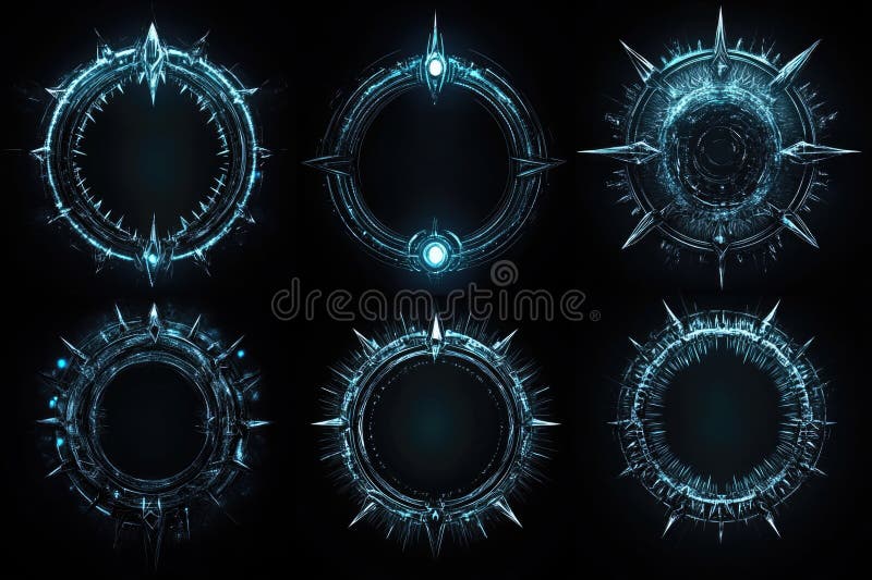 Four Circular Frames with Glowing Spikes, Suitable for Futuristic or ...