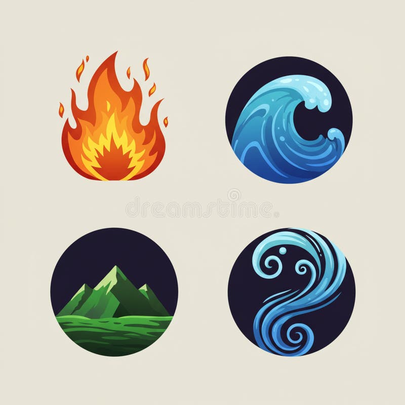 Four Circular Icons Representing Classical Elements. the Top Left Shows ...