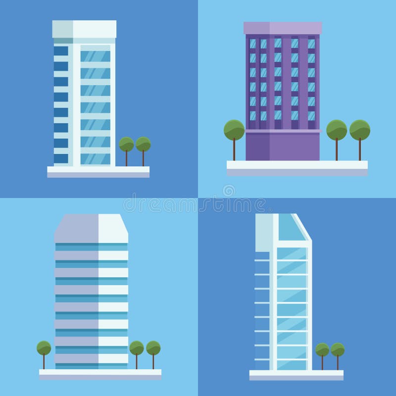 Four city buildings icons stock vector. Illustration of housing - 232581775