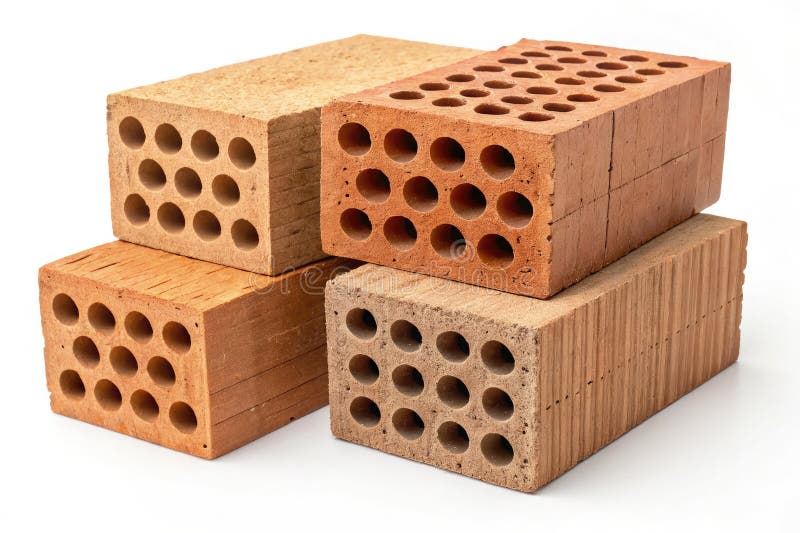 Stack of Four Clay Bricks with Hole Pattern on White Standard Scale ...