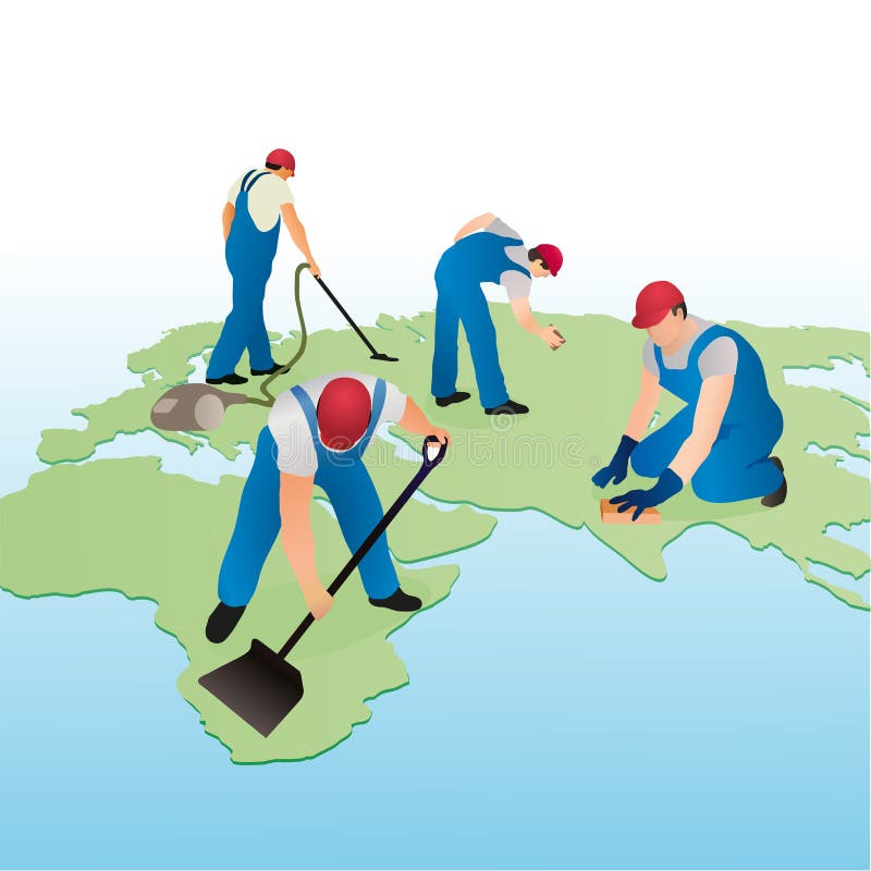 Four Cleaners Working on the World`s Map Stock Vector - Illustration of ...
