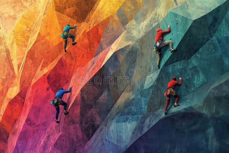 Four Climbers Scaling a Multi-Colored Abstract Rock Wall Stock ...