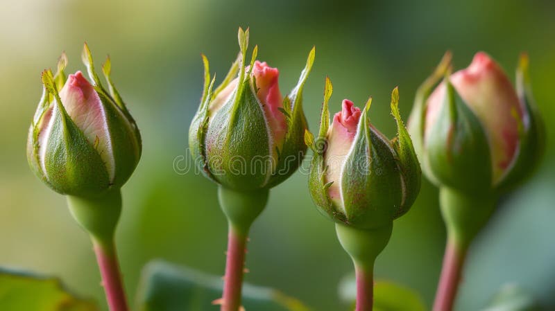 Four Close-Up Pink Rose Buds with Green Sepals Stock Illustration ...