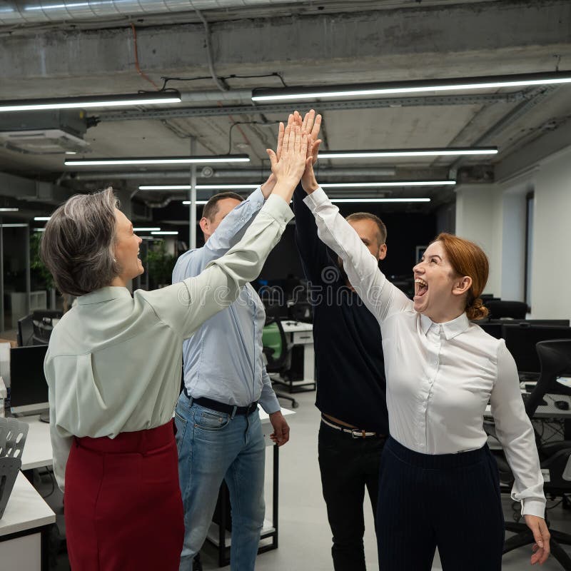 Four Co-workers Give a High Five in the Office. Stock Photo - Image of ...