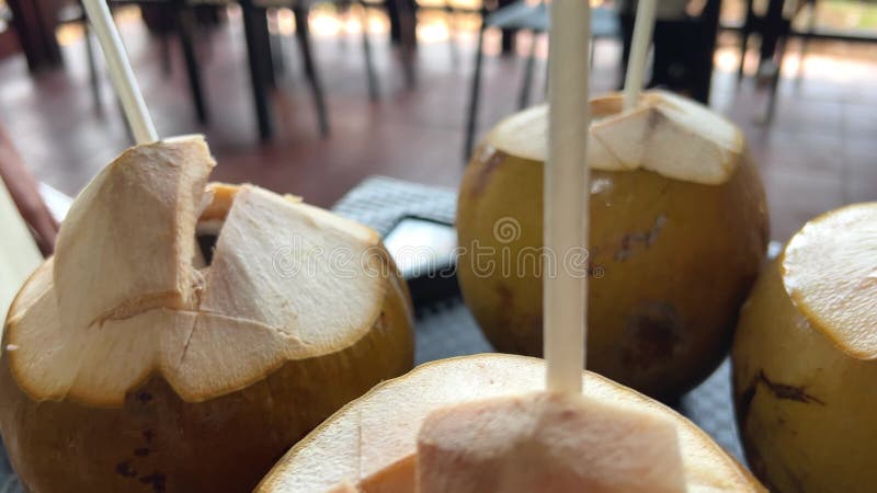 Four Coconuts with Drinking Straws Plate with Coconut Shell Drink on ...