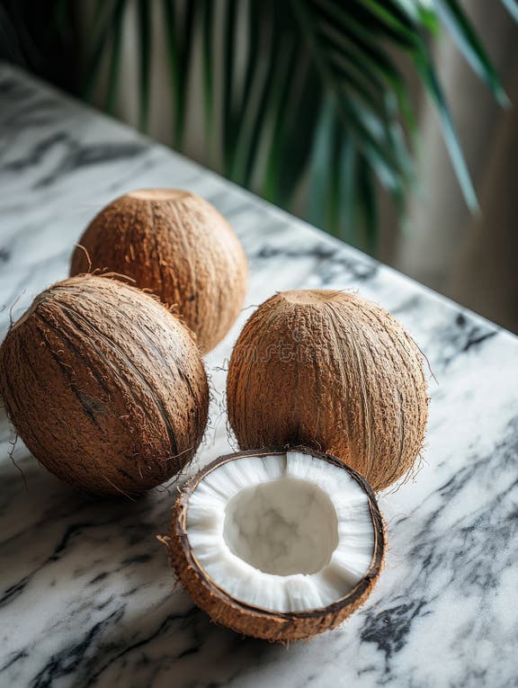 Four Coconuts on a Marble Surface with a Plant Background. Stock Photo ...
