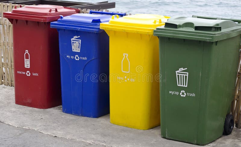 Four color trash cans. stock photo. Image of street, grass - 34165262