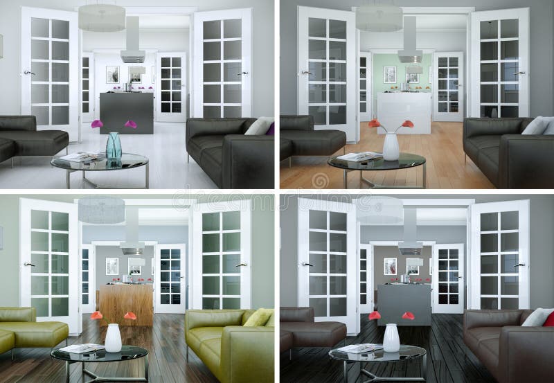 Four Color Variations of Modern Interior Loft Design Stock Illustration ...