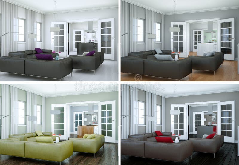 Four Color Variations of Modern Interior Loft Design Stock Illustration ...