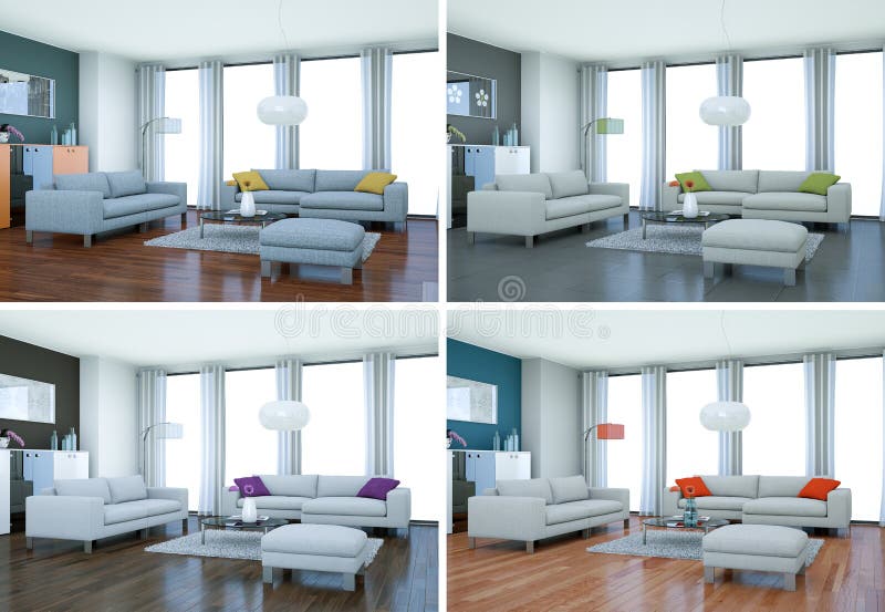 Four Color Variations of Modern Interior Loft Design Stock Illustration ...