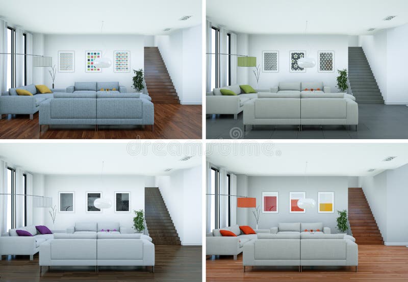 Four Color Variations of Modern Interior Loft Design Stock Illustration ...
