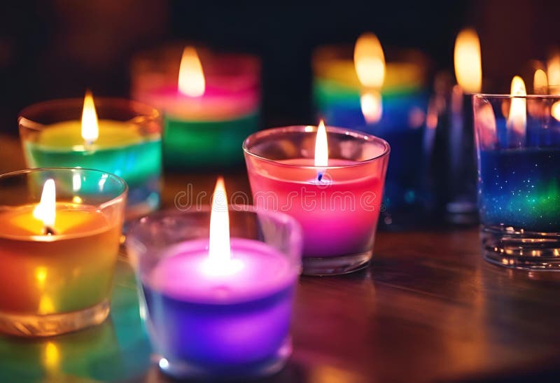 Four Colored Candles with Their Reflection on the Table and Several Lit ...