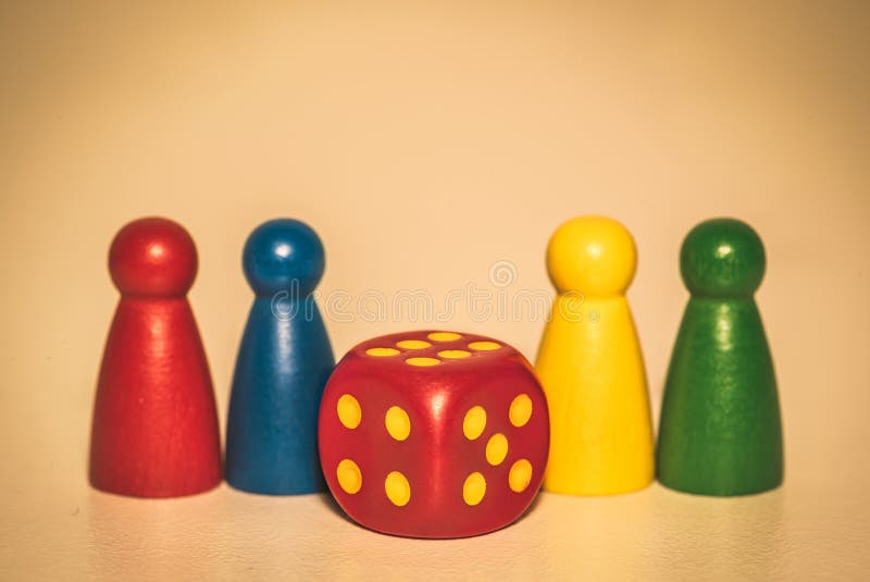 Four Colored Chips and Red Dice Closeup Stock Image - Image of games ...