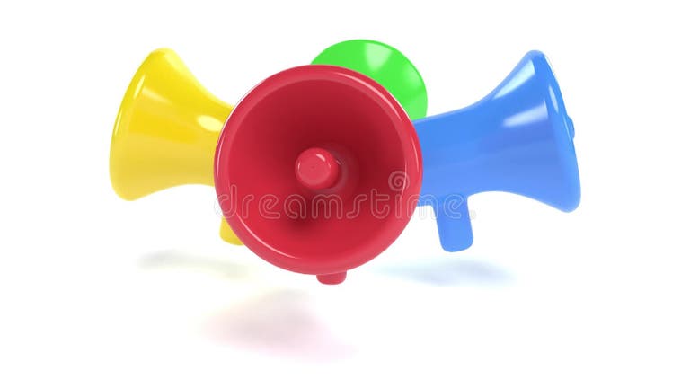 Four Colored Plastic Megaphones Rotate on a White Back 3d Stock ...