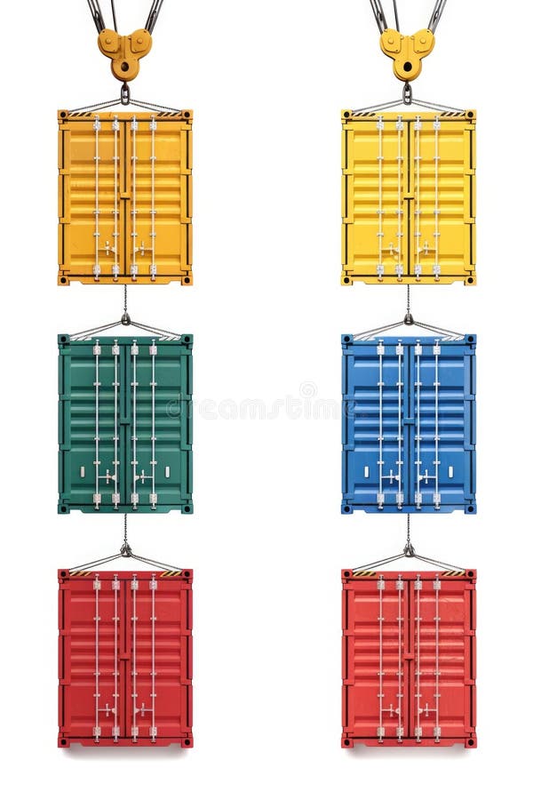 Four Colored Shipping Containers with a Crane, Suitable for Industrial ...