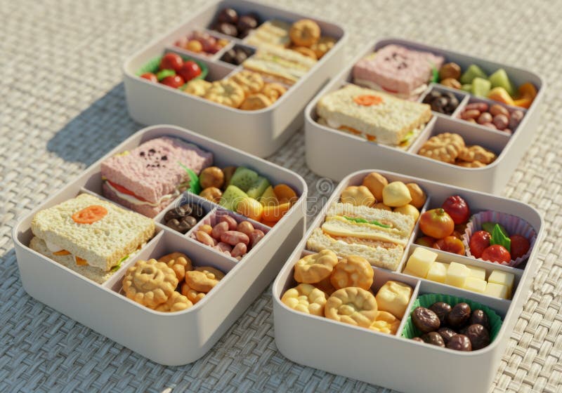 Four Colorful Bento Boxes with Sandwiches and Snacks Stock Illustration ...