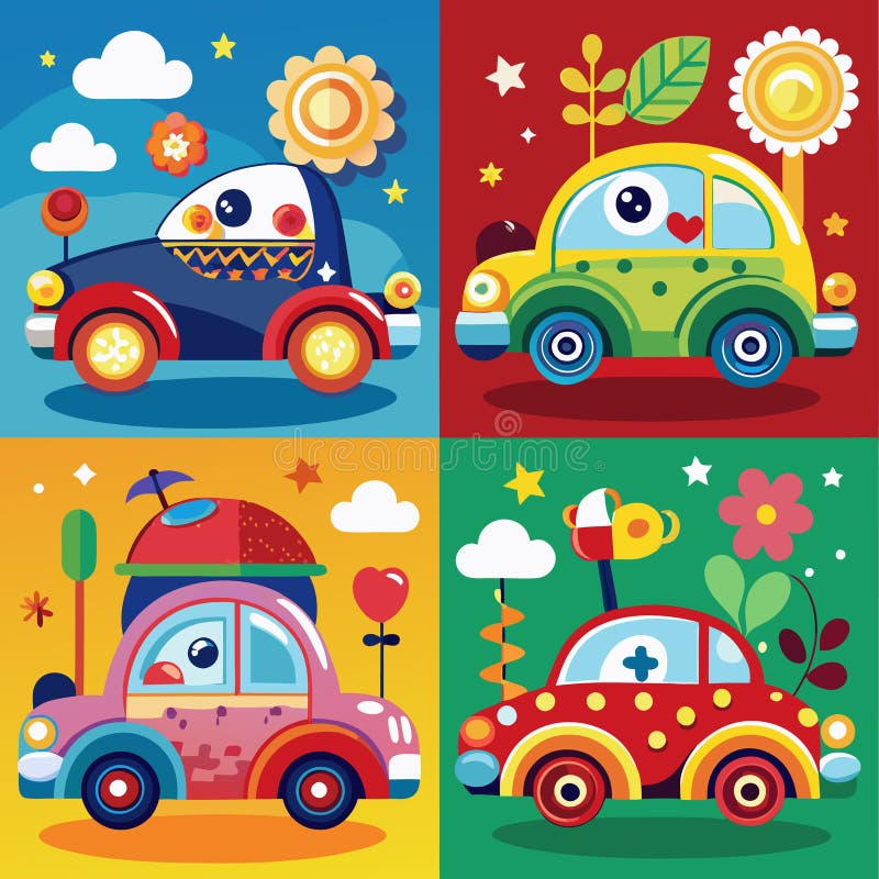 Four Colorful Cartoon Cars with Different Designs in a Square Grid ...