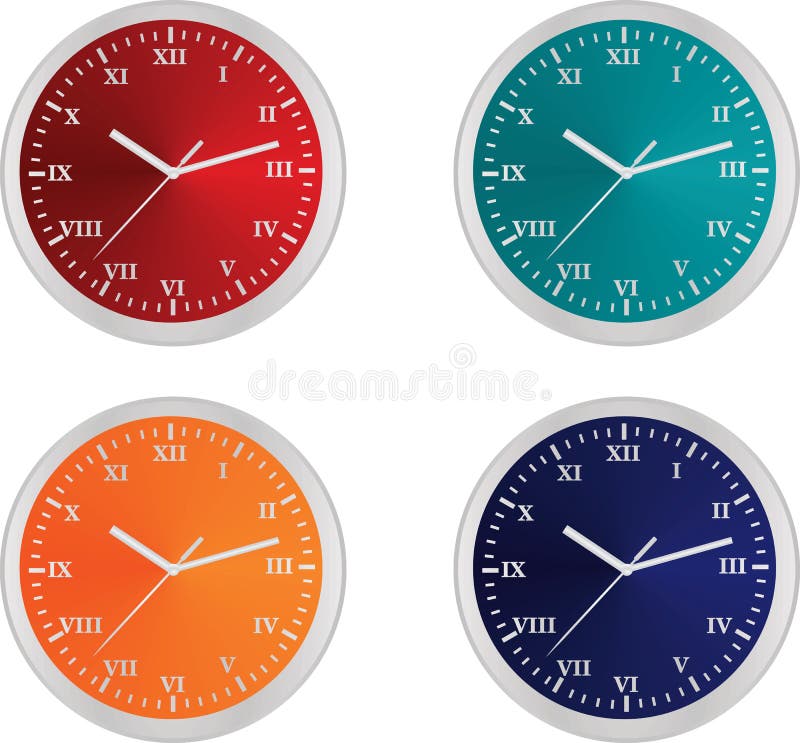 Four colorful clocks stock vector. Illustration of blue - 155348796