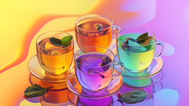 Four Colorful Cups of Tea with Mint Leaves on Vibrant Background Stock ...