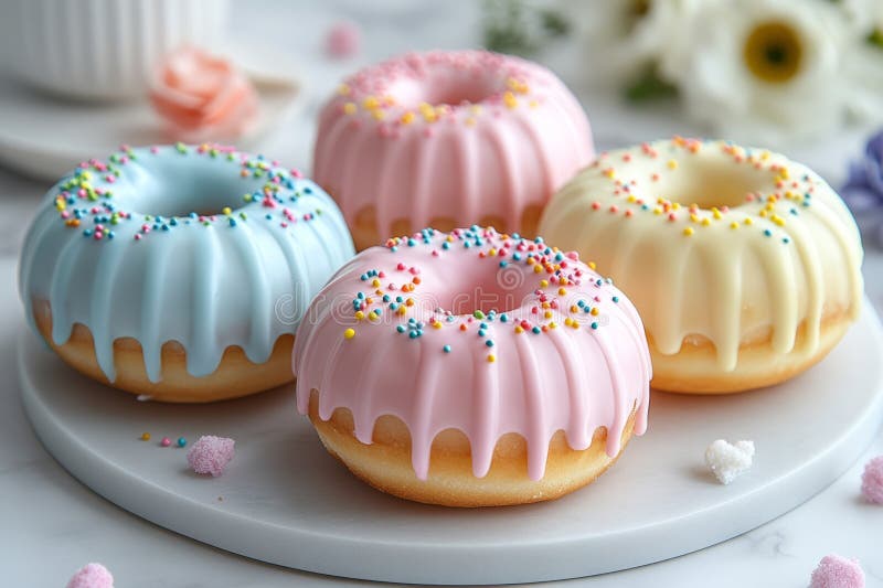 Four Colorful Donuts with Dripping Icing and Sprinkles are Displayed on ...