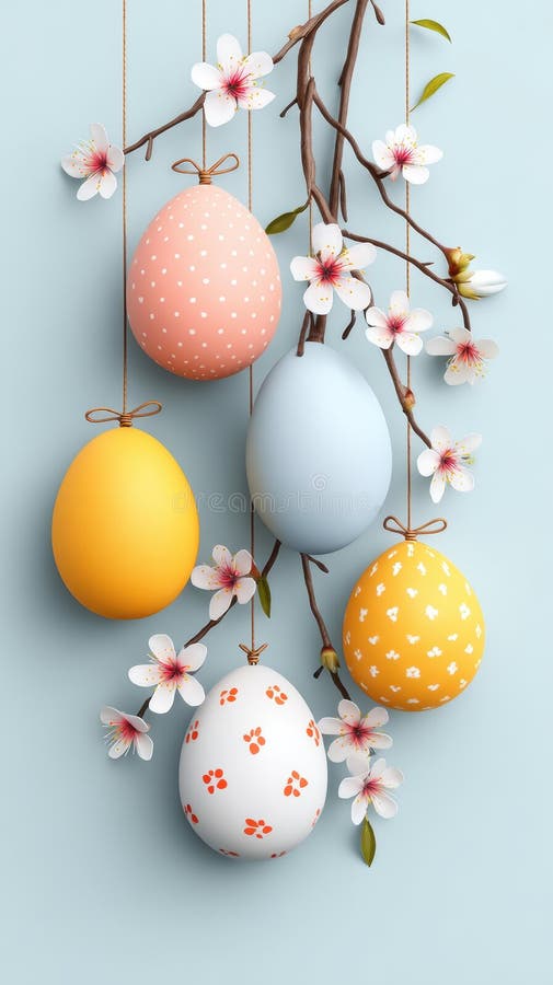 Four Colorful Eggs Dangle from a Blooming Branch, Celebrating the Joy ...