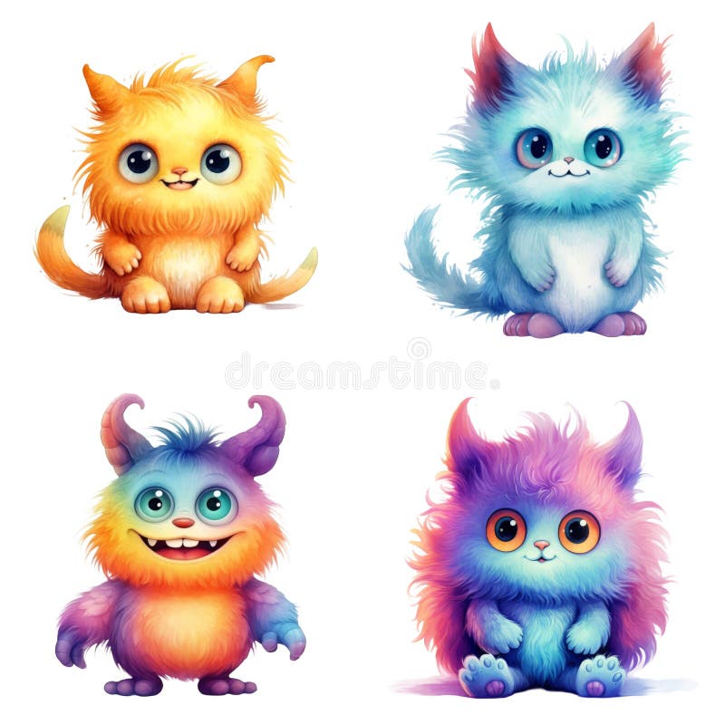 Four Colorful Furry Creatures with Big Eyes Stock Photo - Illustration ...