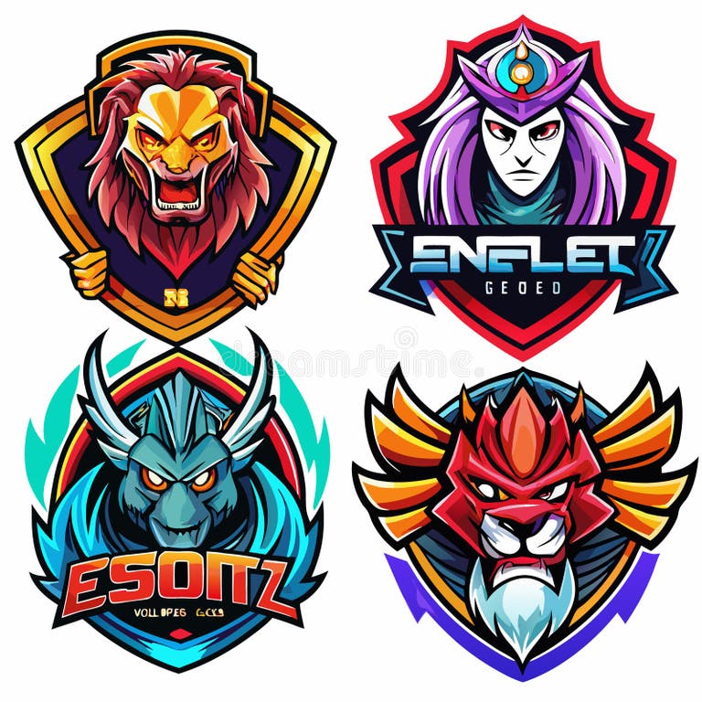 Four Colorful Gaming Logos Featuring Mythical Creatures in a Shield ...