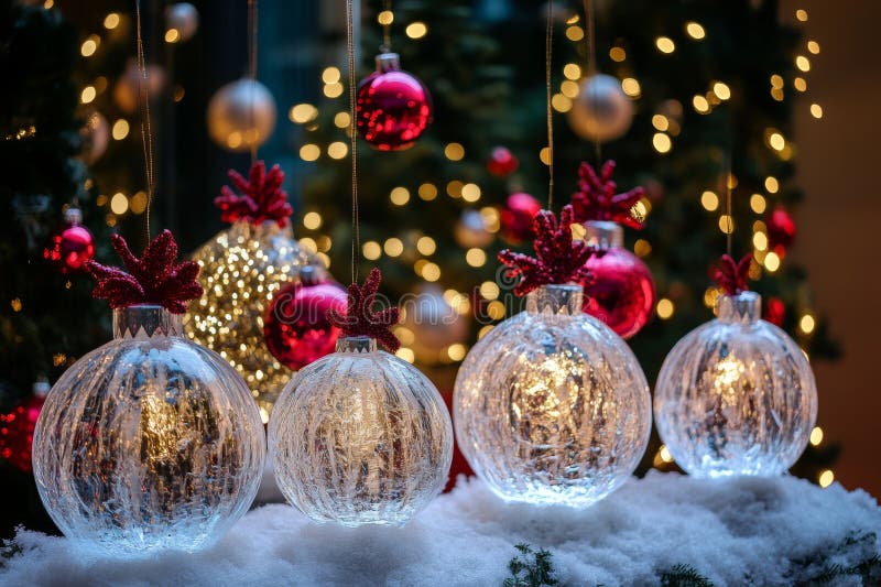 Four Colorful Glass Ornaments Dangle from a String, Beautifully ...