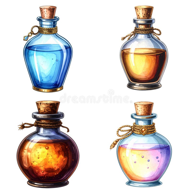 Four Colorful Glass Potion Bottles with Cork Stoppers Stock Image ...