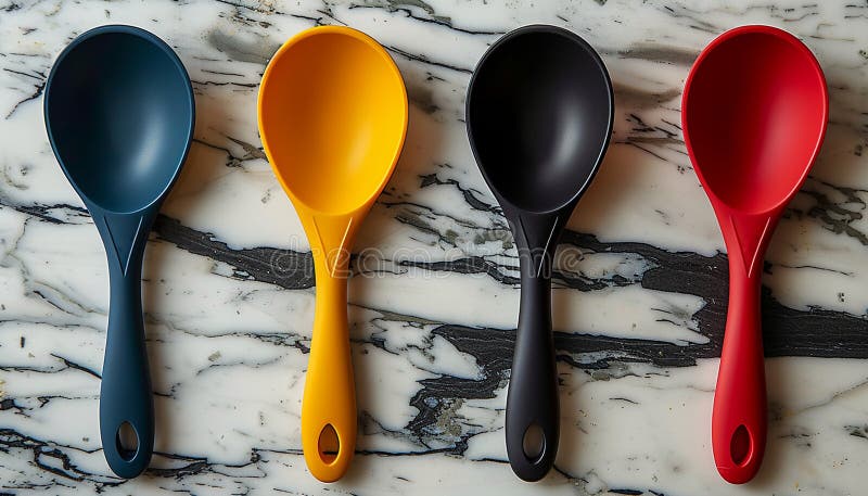 Four Colorful Kitchen Scoops on a Marble Countertop Stock Illustration ...