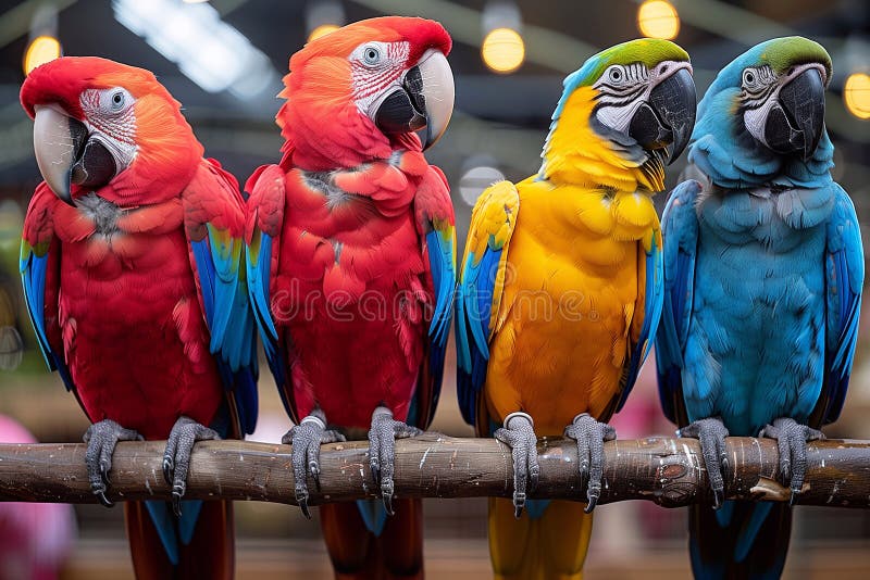 Four Colorful Large Parrots Sitting on Branch Front View. Stock Image ...