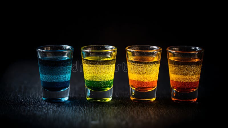 Four Colorful Layered Shots on a Dark Textured Surface with Bokeh Stock ...