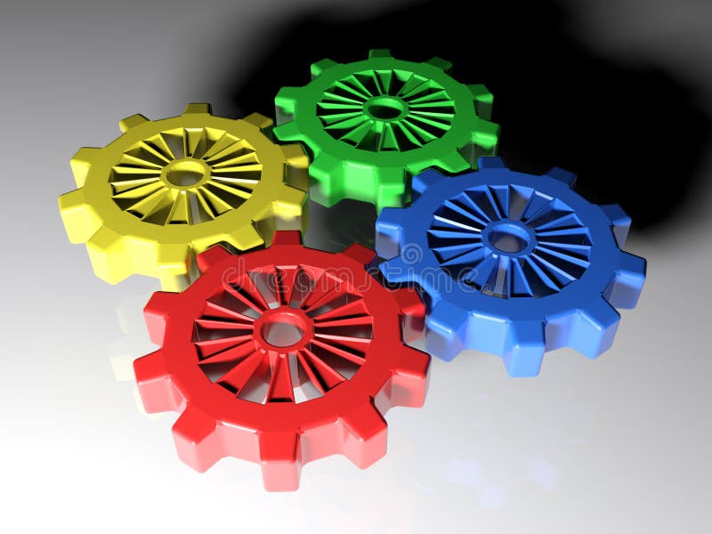 Four Colorful Mating Gears - 3D Rendering Stock Illustration ...