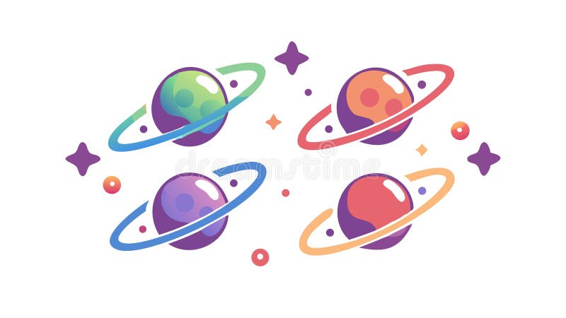 Four Colorful Planets in Orbit Icon, Solar System and Space Symbol ...