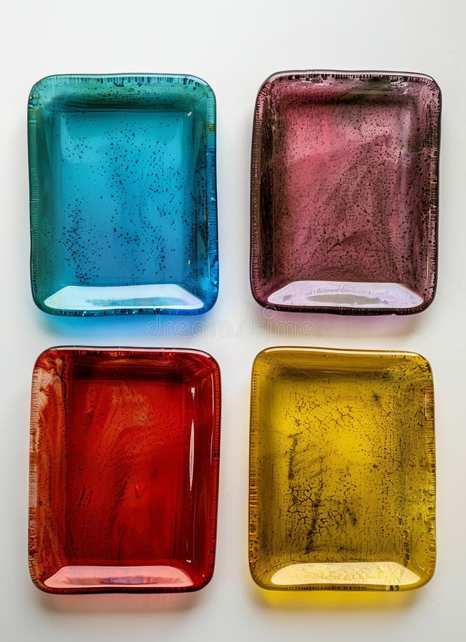 Four Colorful Rectangular Plates in Red, Blue, Green, and Yellow Stock ...
