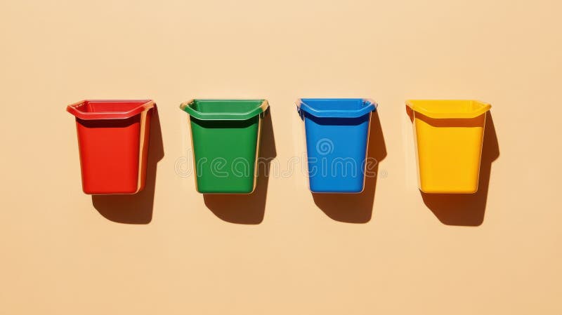 Four Colorful Recycling Bins on a Beige Wall for Waste Sorting ...