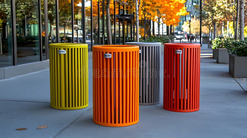 Four Colorful Trash Cans on a Sidewalk in Front of a Building Stock ...