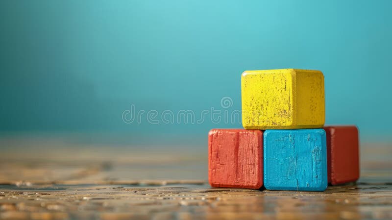 Four Colorful Wooden Blocks Stacked on a Table with Blue Background ...