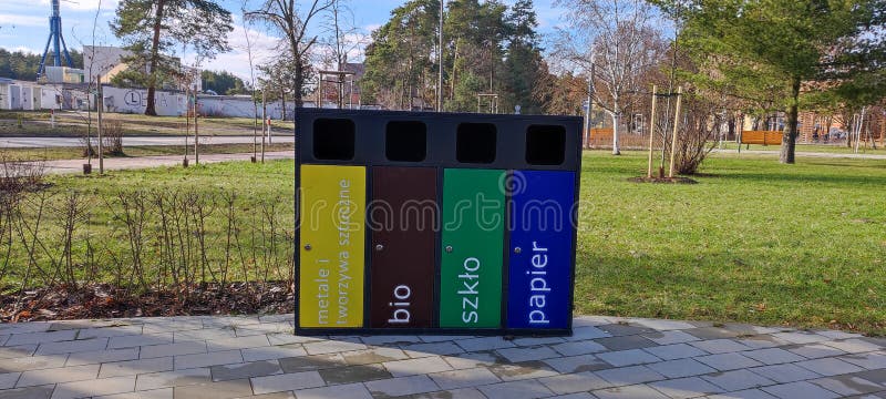 Four Colour Trash Cans Recycle Bins Stock Photo - Image of ...