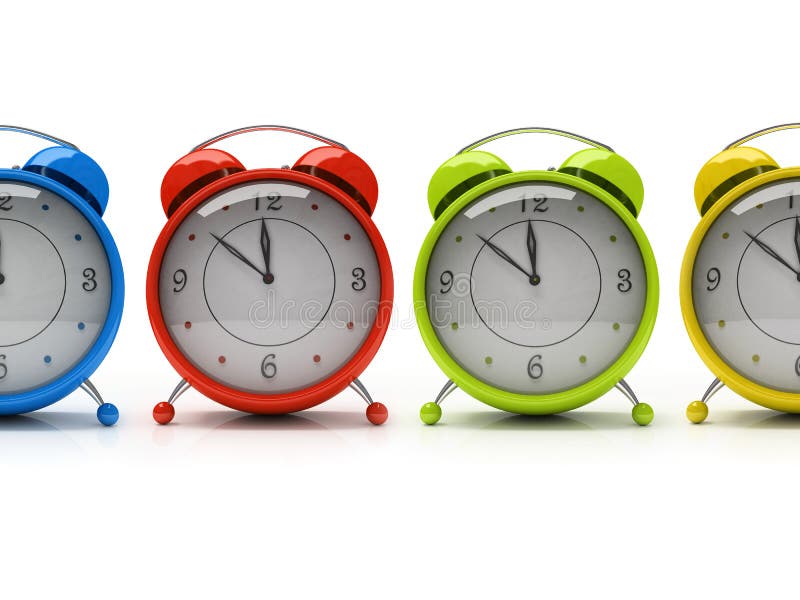 Four Colourful Alarm Clocks Isolated on White Background 3D Stock Image ...