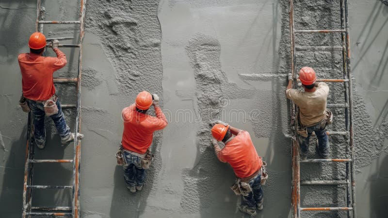 Four Construction Workers Applying Cement To a Wall Stock Illustration ...