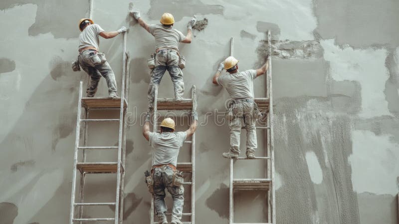 Four Construction Workers Applying Plaster To a Wall Stock Illustration ...