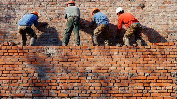 Four Construction Workers Building a Brick Wall Stock Illustration ...