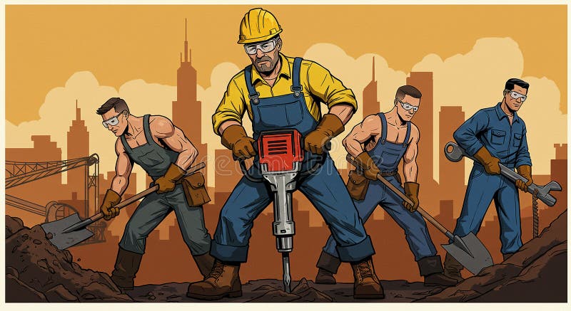Four Construction Workers in a Dynamic, Comic-style Illustration Stock ...