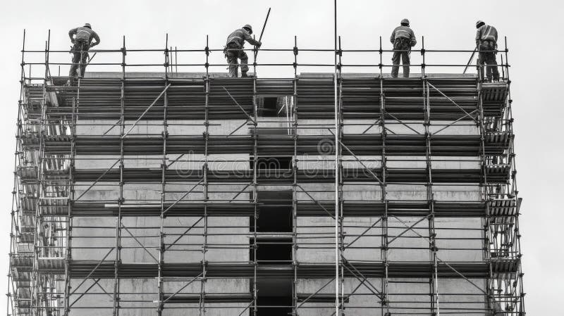 Four Construction Workers on Scaffolding of a High-Rise Building Stock ...