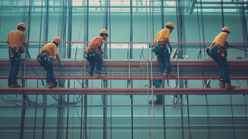 Four Construction Workers on Scaffolding Working on a Building Stock ...