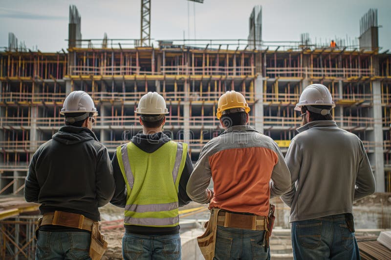 Four Construction Workers Stand in Front of a Construction Site Wearing ...